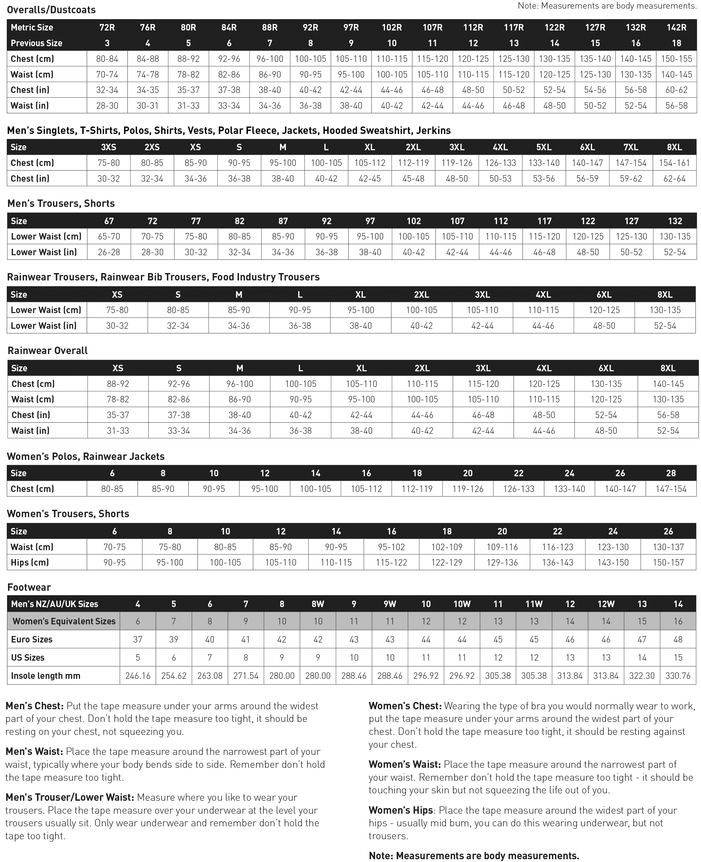 Sizing Chart - Bison Workwear